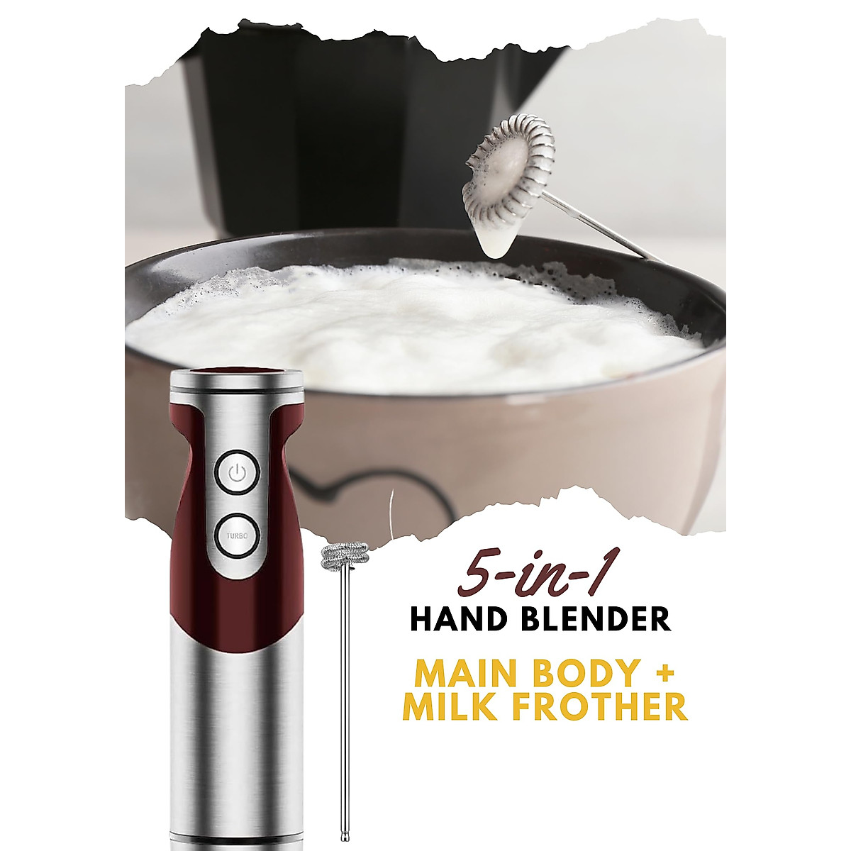 MegaWise 5-in-1 Immersion Hand Blender Set with Variable Speed, 400W, Stainless Steel - Includes Chopper, Whisk, Milk Frother, and Beaker - Ideal for Soups, Smoothies, Baby Food & More (RED)