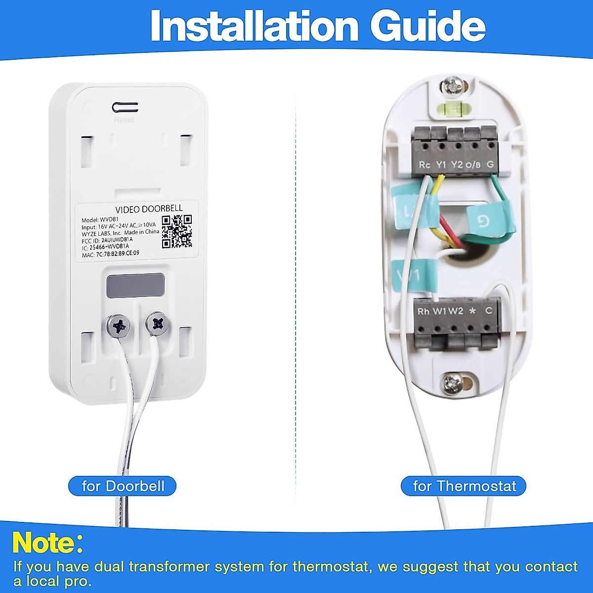 Dreyoo AC 24 Volt Transformer Compatible with Ring Video Doorbell, 197 Inch Long C Wire Adapter with 48PCS Cable Clips Compatible with Ecobee,Sensi, Wyze, Eufy Thermostat