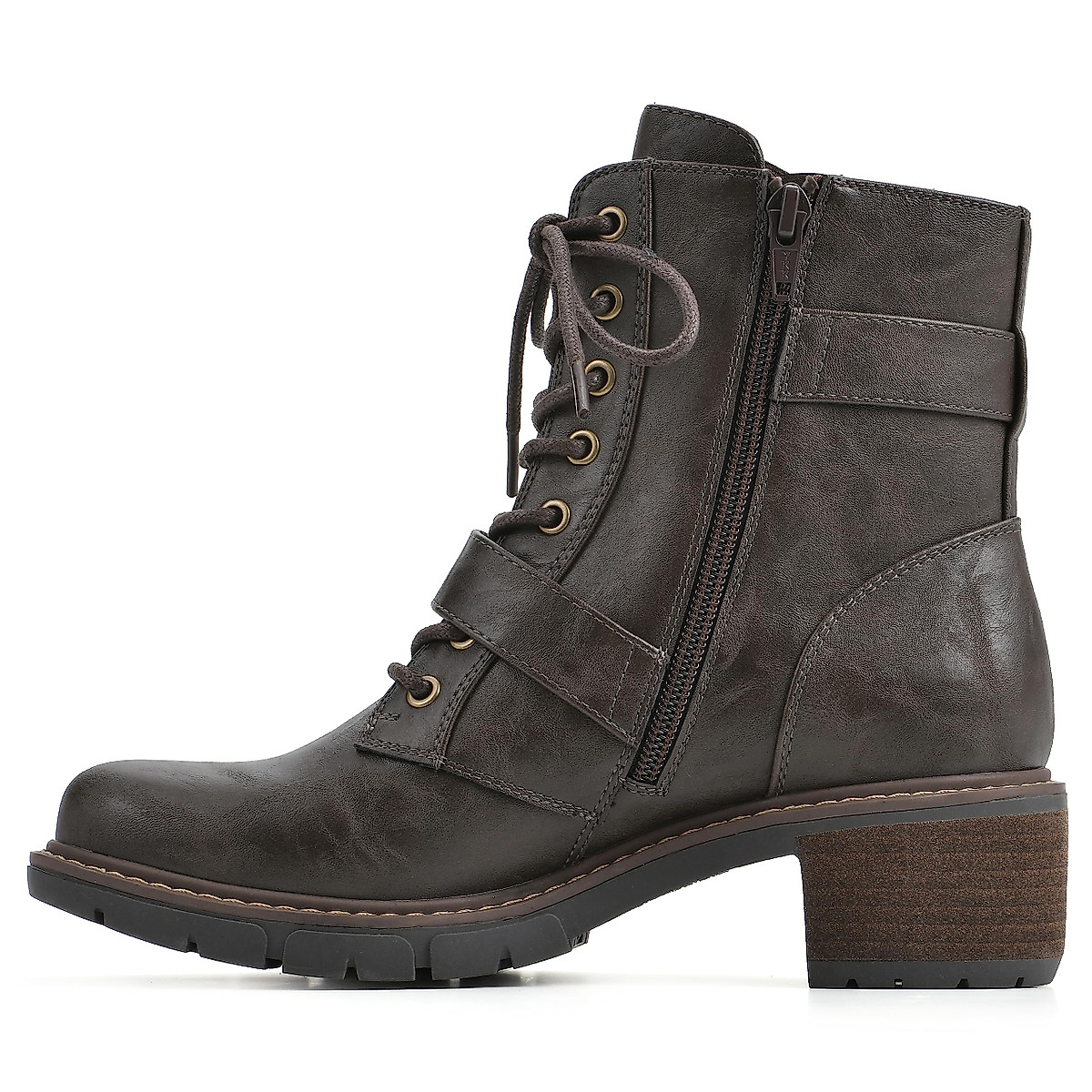 WHITE MOUNTAIN Women's Shoes Crank Block Heel Moto Boot, Dk.Brown/Smooth, 8 M