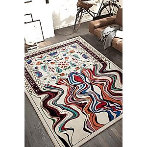 Washable Melting Retro Oriental 5x7 Area Rugs Carpet - Low Pile Thin Soft Shag Abstract Wavy Funky Tribal Traditional Antique Southwestern Rug for Bedroom Living Room Dining Room Entryway Office