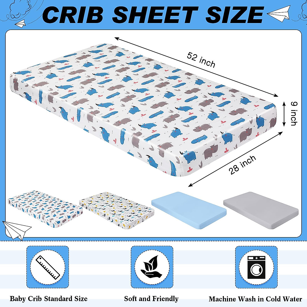 Preboun 4 Pieces Muslin Crib Sheets for Boys Girl, Fitted Baby Toddler Bed Sheets 28'' x 52'', Neutral Muslin Cotton Crib Mattress Sheet, Soft and Breathable Comfort Baby Sheets (Dinosaur, Crocodile)