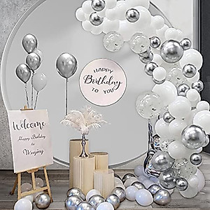 Bezente White Silver Balloon Garland Kit,100Pcs White Silver Metallic Chrome and Silver Confetti Balloons with Balloon Tape for Wedding, Prom,Special Events Party Decoration.