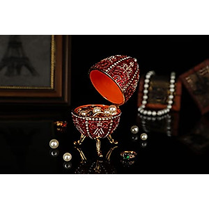 QIFU Vintage Red Faberge Egg Style Enameled Trinket Box Hinged, Unique Gift for Family(QF5825)