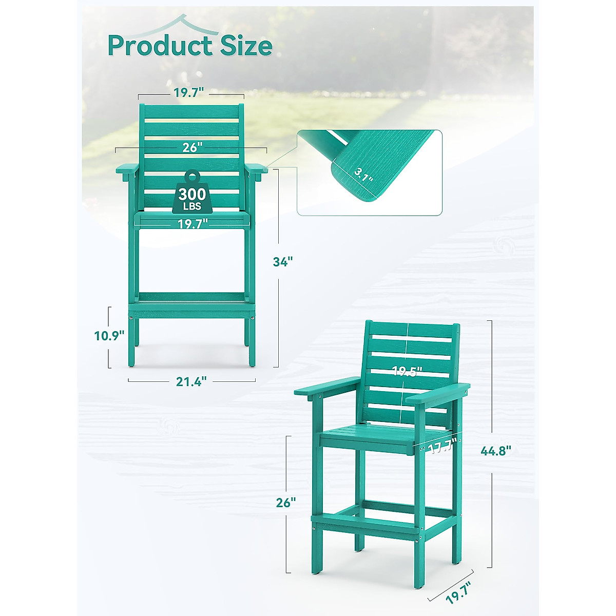 Homenjoy Tall Adirondack Chair Set of 2, HDPE Weather Resistant Patio Bar Stools, Heavy Duty Bar Height Adirondack Chairs with Footrest, 26 inch High Balcony Chair for Deck Pool, Blue Turquoise