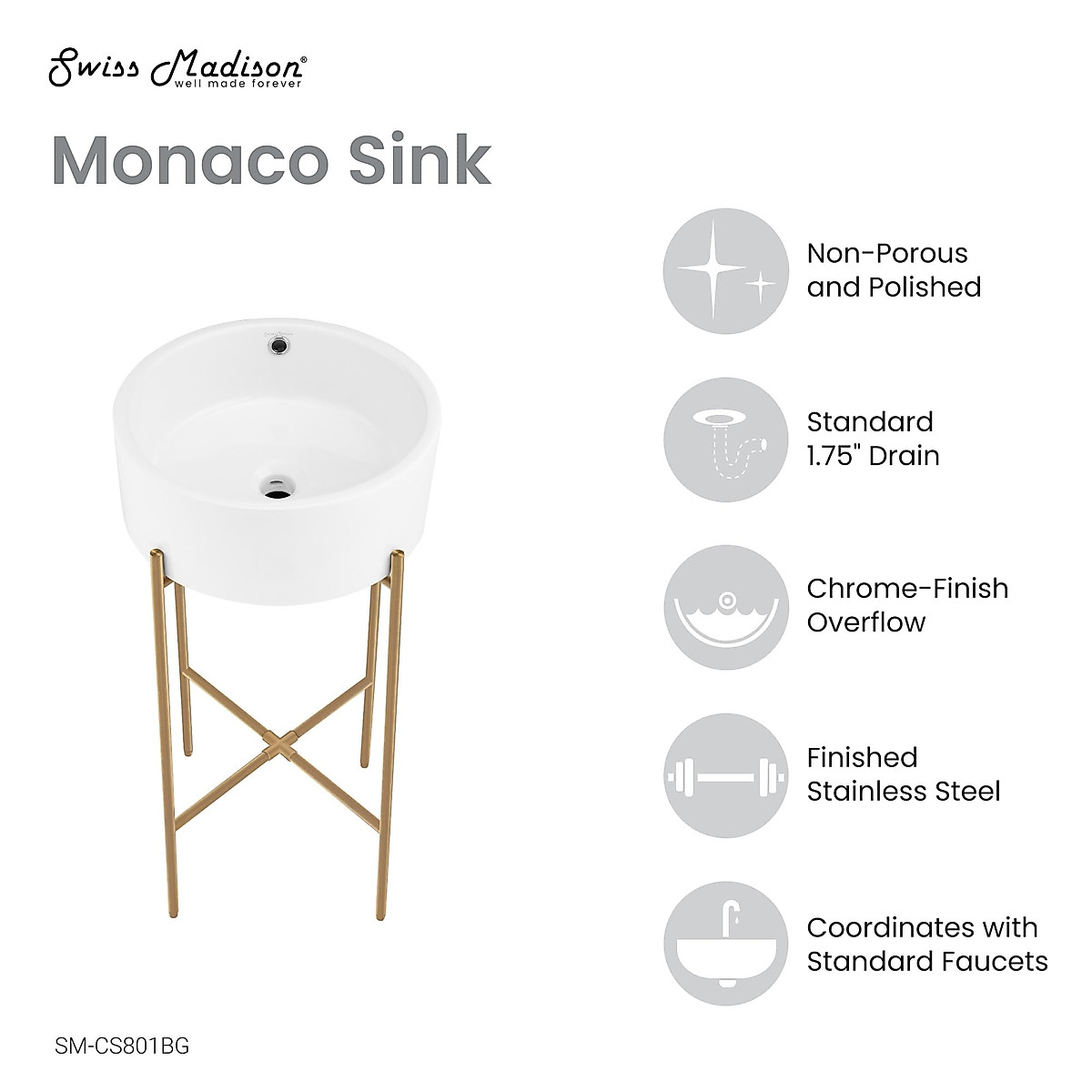 Monaco 16.5" Round Console Sink, White Basin Matte Black Legs