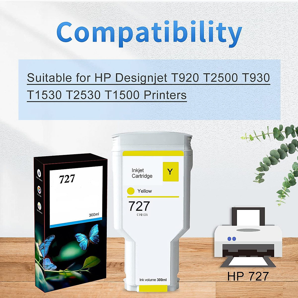 AYMSous Compatible for HP 727 Yellow 300ML Remanufactured Ink Cartridge Replacement for HP 727 for HP727 for HP 727Y for HP DesignJet T920 T930 T1500 T1530 T2500 T2530 Printers