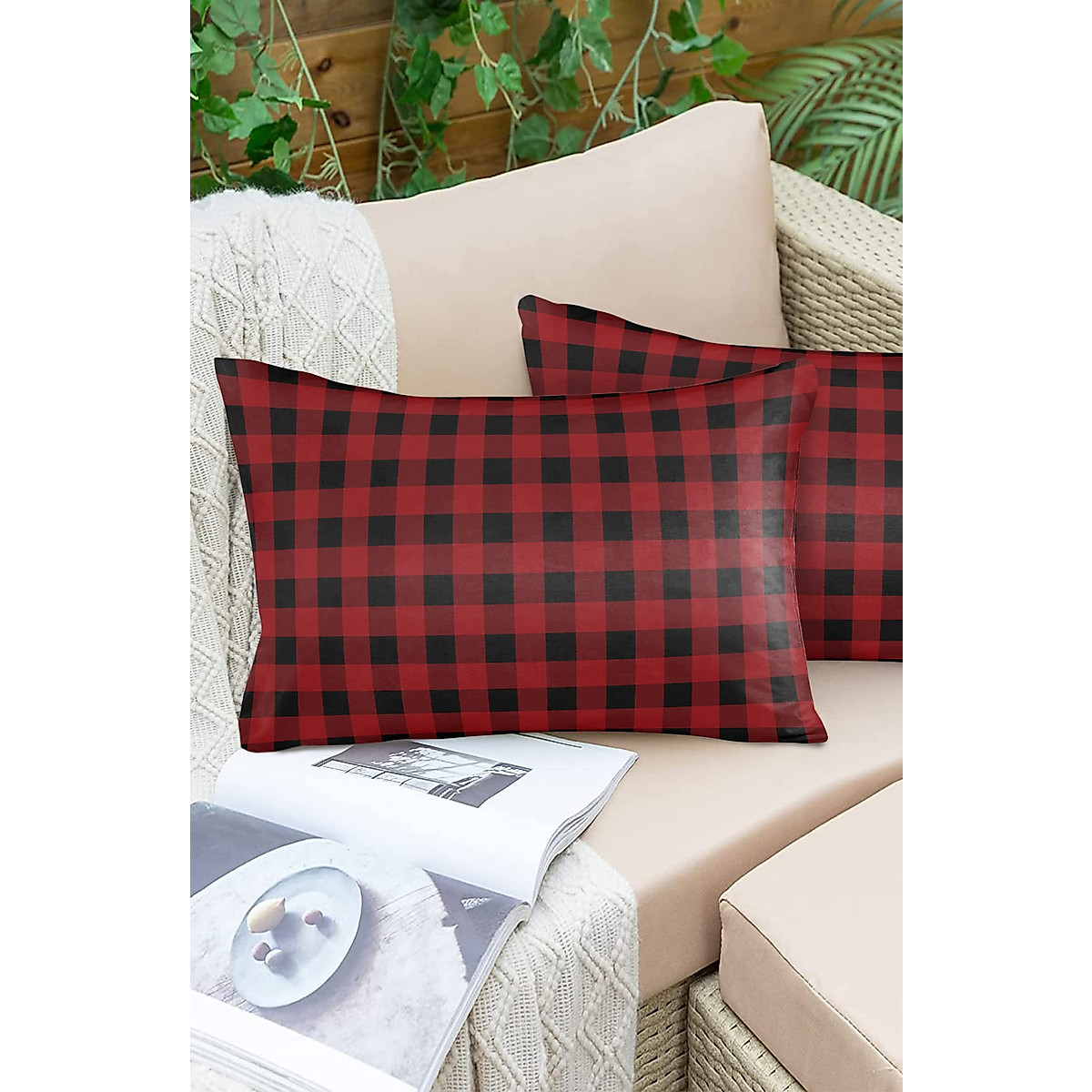 Sailground Outdoor Pillows, Red and Black Buffalo Check Plaid Pillow Covers 12x20, Outdoor Pillow Covers, Outdoor Pillows for Patio Furniture, 2Pack Throw Pillow Covers, Waterproof Throw Pillows