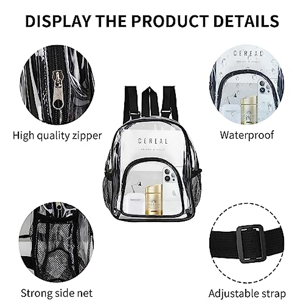 KTUCPRY Clear Mini Backpack with Size12×9.5×4,Stadium Approved Clear PVC Waterproof Mini Backpack for Concert Sport Events Work Travel (Black)