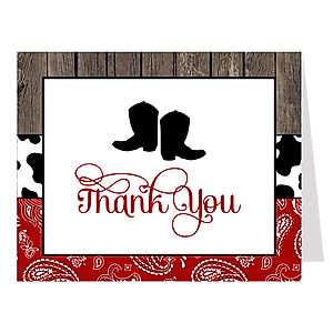 Cowboy Baby Shower Thank You Cards Boots and Bandanas Theme Folded Notes Red Black Country Barn Paisley Printed Cards Blank Inside (24 Count)