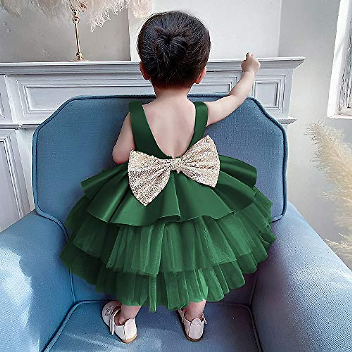 AVAZU 6M-5T Toddler Baby Girls Backless Big Sequins Bowknot Tutu Gown Formal Wedding Party Easter Ball Gown Christmas Dress Dark Green 90