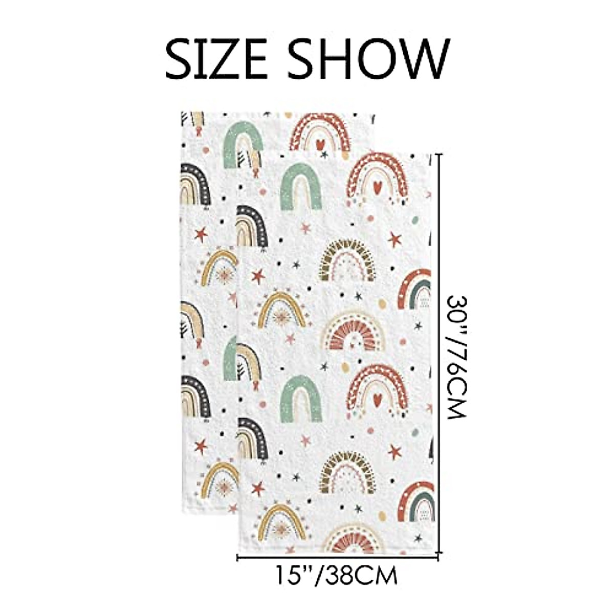 Hand Bath Towels 2 Pack Festive Boho Rainbow Stars Absorbent Face Fingertip Towels for Bathroom Kitchen Gym Spa Soft Hair Drying Cloth Quick Dry, 30 x 15 Inch