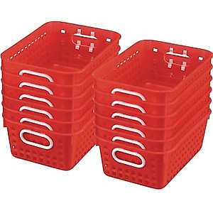 Really Good Stuff Multi-Purpose Plastic Storage Baskets for Classroom or Home Use - Stackable Mesh Plastic Baskets with Grip Handles 11" x 7.5" (Red - Set of 12)