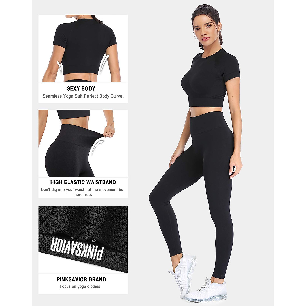 PINKSAVIOR Workout Sets for Women Two Piece Outfits Seamless High Waist Leggings Yoga Crop Tops Athletic Sports Gym Sets(P005M-Black