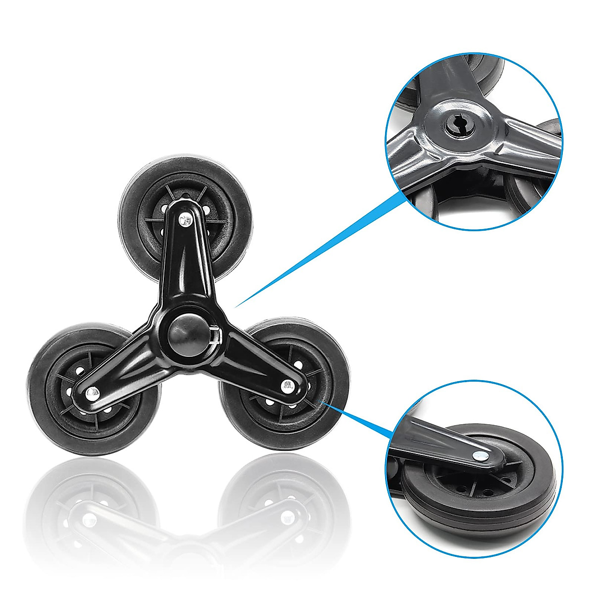 Suiwotin 2pcs Shopping Cart Stair Climbing Wheels Replacement, Rubber Tri-Wheels for Folding Grocery Cart, Portable Stair Climber Utility Cart Stair Wheels (Black)