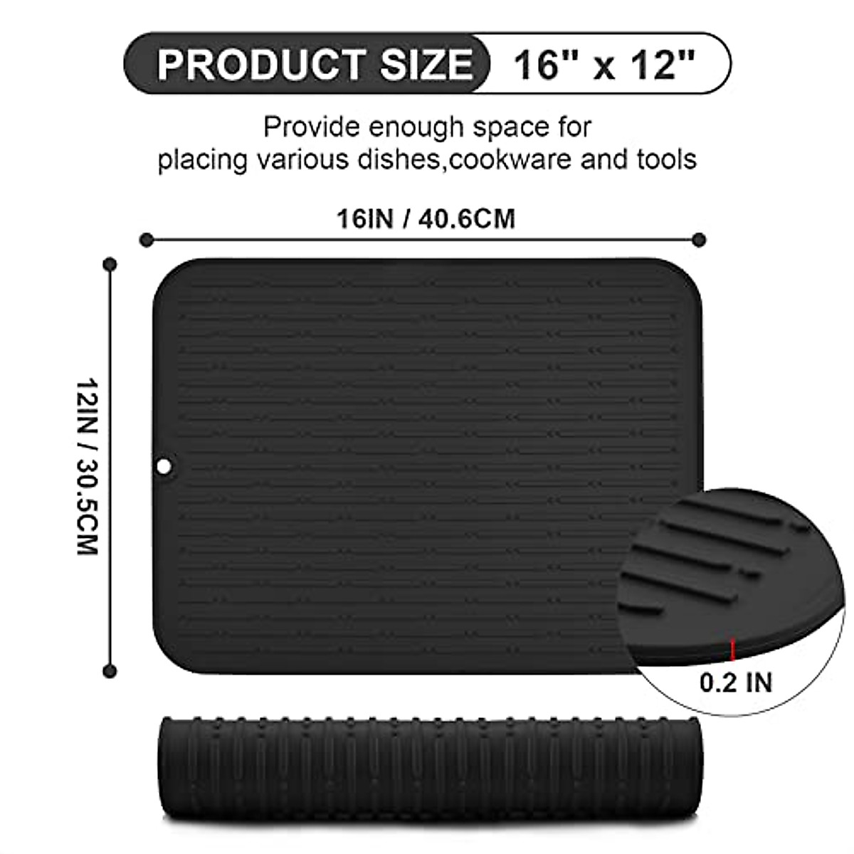 Dish Drying Mat for Kitchen, Slip Resistant Silicone Quick Dry Pad ,Heat Resistant Waterproof Dishwashing Rack,Kitchen Accessories (16" x 12")