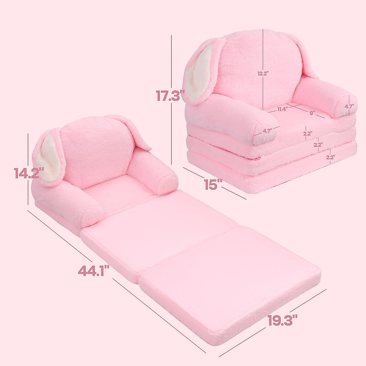 ANTSOUL Toddler Couch with Folding Function, Kids Couch Choose Short Plush Fabrics and Colors for 1-3 Old