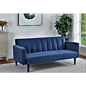 Container Furniture Direct Regal Modern Convertible Full Out Futon Sofa Compact Channel Stitch Velvet Sleeper Couch Bed for Living Room, Bedrooms, Apartments, and Dorm, 72 Inch, Deep Blue