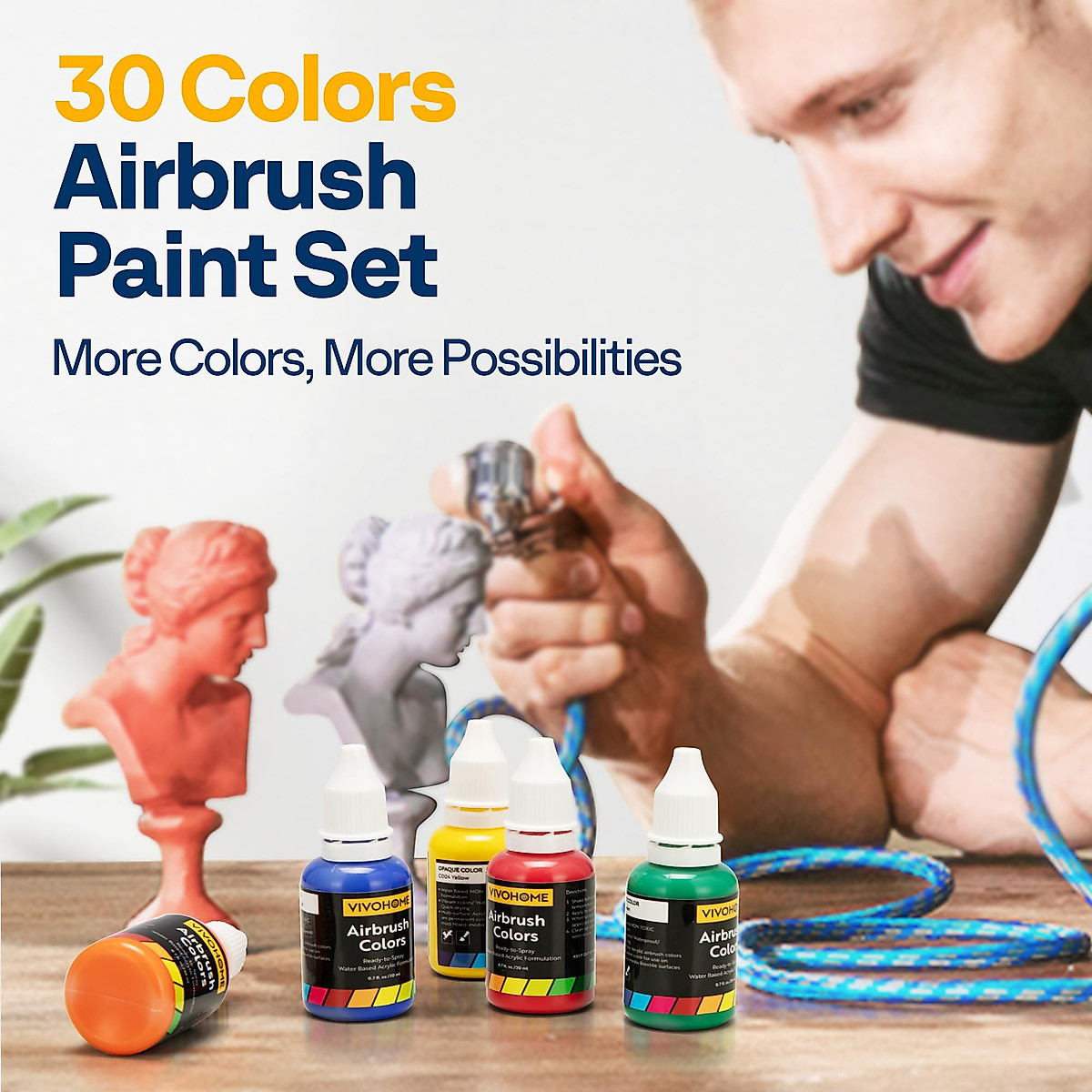 VIVOHOME 30 Color Airbrush Paint Set, Acrylic Air Brush Paints Ready to Spray (No Thinner Needed), Water Based Painting Colors for Artist and Beginners, Includes 6 Metal & 6 Neon, Pack of 30 (20 ml/0.68 Fl Oz)