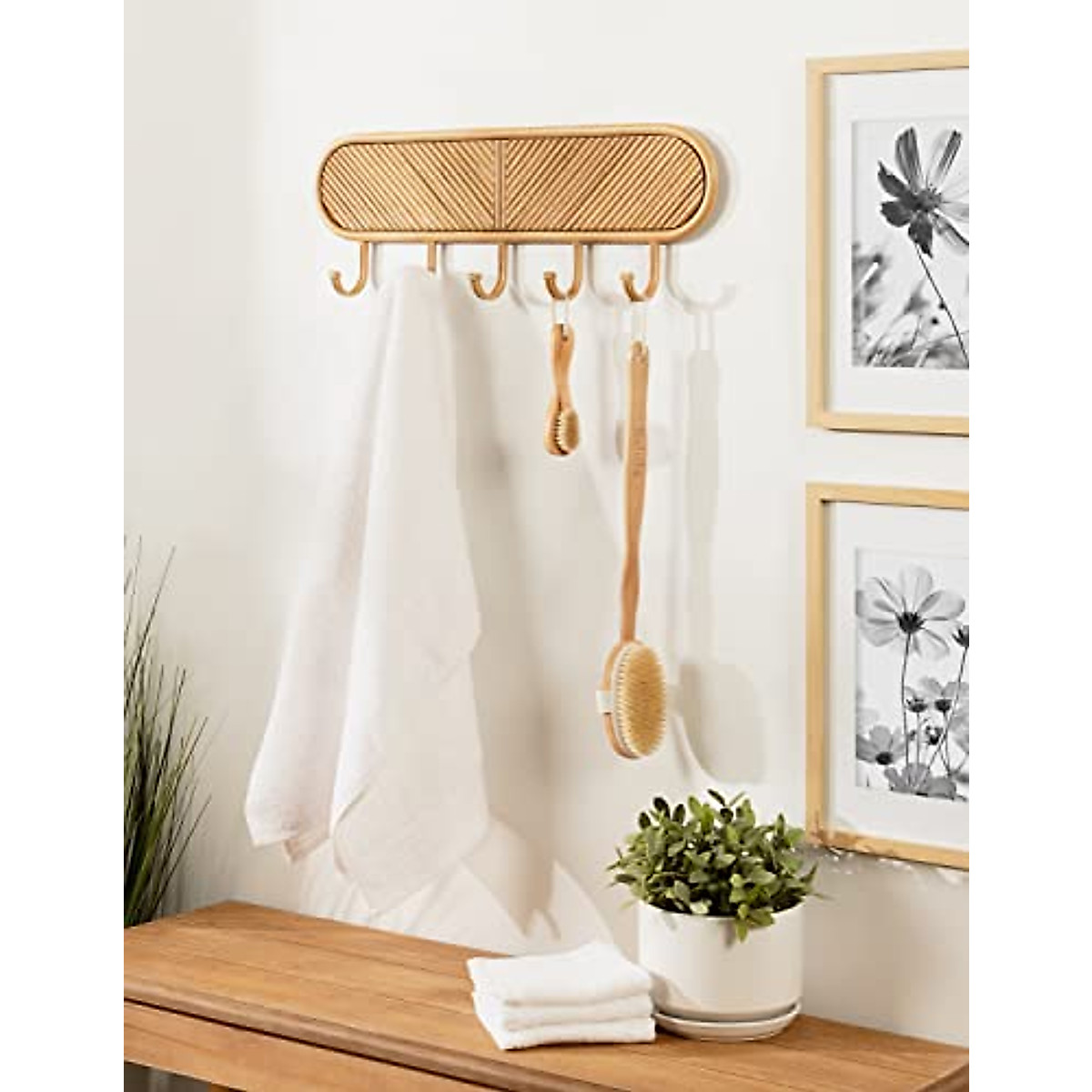 Kate and Laurel Tioga Boho Rattan Wall Mounted Coat Rack, 20 x 3 x 8, Natural Wood, Five Decorative Coat Hooks and Hat Rack with Trendy Rattan Wrapped Capsule Base for Boho Wall Decor