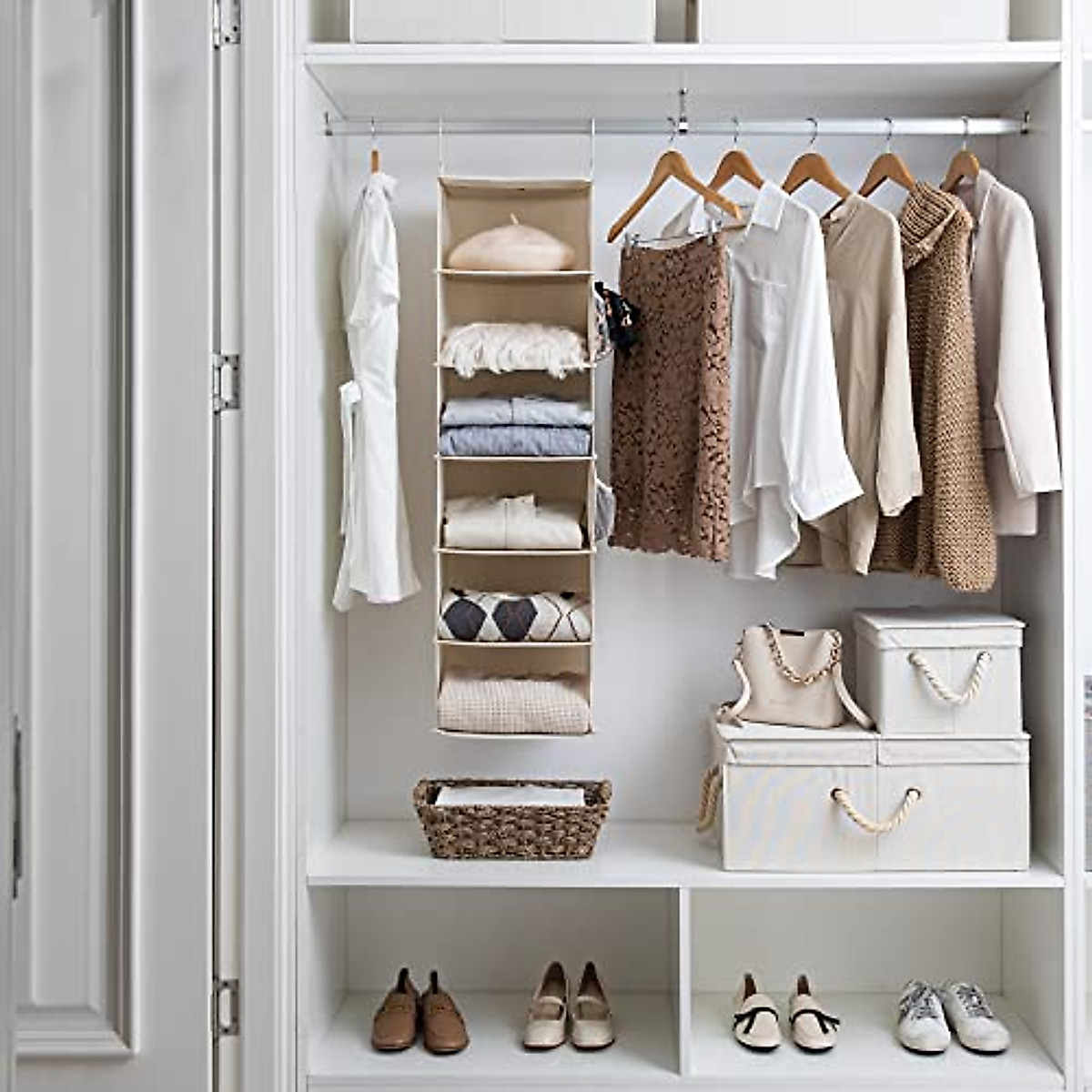 StorageWorks 6-Shelf Hanging Closet Organizer, Hanging Shelves for Closet, Fabric, Mixing of Beige, White & Ivory, 12" D x 12" W x 47 1⁄2" H