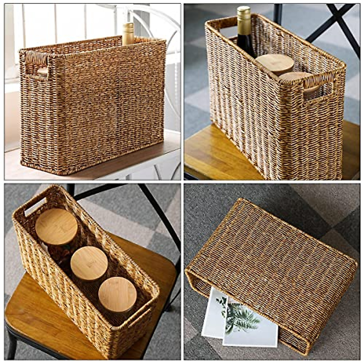 Cabilock Rattan Woven Basket Book Holder Basket Magazine Wicker Basket Woven Magazine Holder Magazine Rack Magazine Storage Organizer Rectangular Basket Bins Garbage Container Bin Utensil Tray