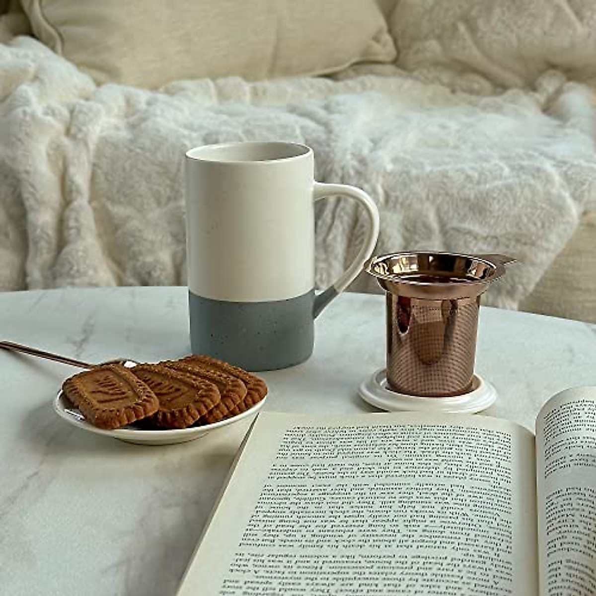 Mora Ceramics Tea Cup with Loose Leaf Infuser, Spoon and Lid, 12 oz, Microwave and Dishwasher Safe Coffee Mug - Rustic Matte Ceramic Glaze, Modern Herbal Tea Strainer - Great Gift for Women, Flint