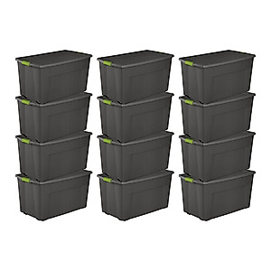 Sterilite 45 Gallon Heavy Duty Plastic Stackable Storage Container Tote with Wheels and Latching Indexed Lid for Home Organization, Gray, 12 Pack
