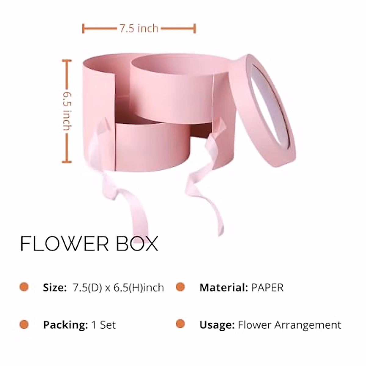 BBJ WRAPS Flower Box with Lid for Arrangements, Double Layers Rotating Drawer Luxury Round Flower Bouquet Gift Boxes Packaging, 1 Set, 7.5"(D) x 6.5"(H) (Pink)