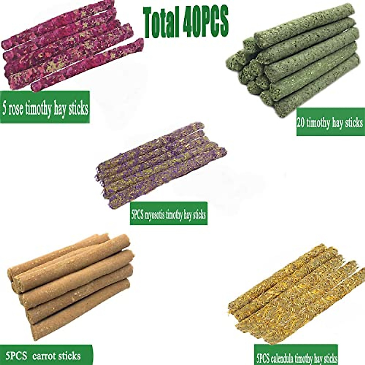 Rabbit Chew Toys 40pcs Timothy Hay Sticks About 14oz/400g Hamster Molar Snacks Handmade are Perfect Food Accessories for Bunny Guinea Pigs Rats Chinchillas Gerbils (40pcs Multiple Flavors Hay Sticks)