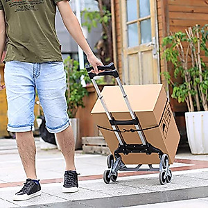 Stair Climbing Cart Portable Folding Hand Truck 165 lbs Weight Capacity Heavy-Duty Hand Cart Height Adjustable Aluminum Trolley with 6 Rubber Wheels & Bungee Cord Dolly for Moving, Luggage and Office