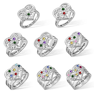 Personalized 1-8 Family Tree Of Life Birthstone Rings 925 Sterling Silver Heart Custom Engraved Name Mom Ring Mother Days Grandmother Birthday Aniversary Jewelry Gifts For Women Grandma Her Daughter