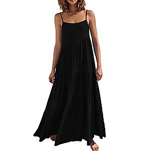 Women’s Summer Casual Loose Sleeveless Spaghetti Strap Asymmetric Tiered Beach Maxi Long Dress (A-Black, XXL)