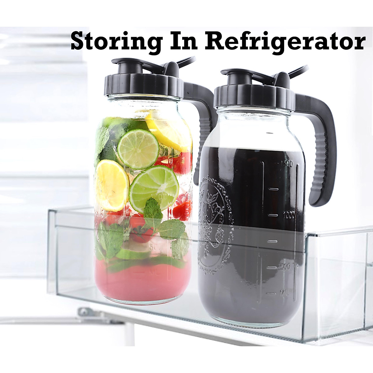 Cold Brew Coffee Maker Half Gallon 2 Set Glass Mason Jar Pitcher With Spout Lid Filter 2 Quart Wide Mouth Iced Tea Brewing Jug Heavy Duty Handle Airtight & Leak-Proof Pitcher For Fridge Sun Tea 64 OZ