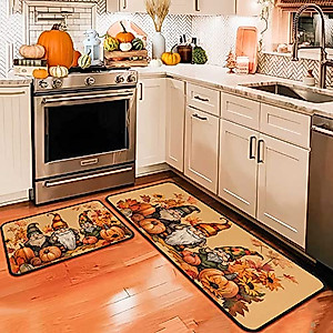 Fall Gnome Pumpkin Decorative Kitchen Rugs and Mats Set of 2, Fall Thanksgiving Gnome Sunflower Maple Leaves Seasonal Decorative Kitchen Mat 17"x47"+17"x30"