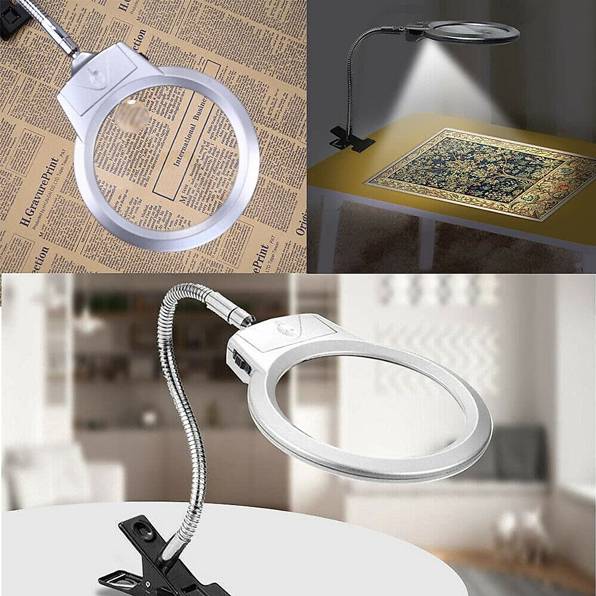 Large Lens Lighted Lamp Top Desk Magnifier Magnifying Glass Clamp with LED Light for Reading, Hobbies, Crafts or Other DIY