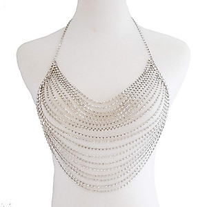 Sinkcangwu Women's Crop Top Chain Necklace Diamond Rhinestone Bra Body Jewelry, Silver