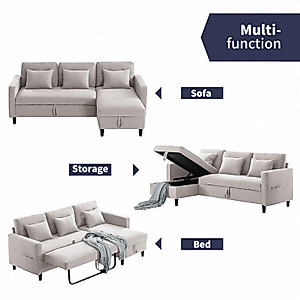 ZAFLY Folding Sofa Bed, Convertible Sectional Sleeper Sofa with Storage Chaise, 91 Inch Pull Out Couch, L-Shape Sofa Couch, Linen Upholstered 2 in 1 Sofa Bed for Living Room Office Apartment - Beige