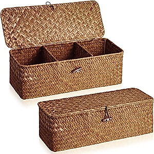 2 Pieces Seagrass Baskets with Lid, Rectangular Hand Woven Wicker Bin Storage Box for Shelves Organizing, Small Rustic Home Storage Organizer Container for Toilet Paper Snack Toys (Khaki)