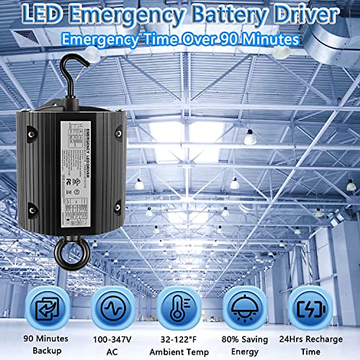 40W LED Emergency Backup Battery for UFO High Bay Light, Suitable for Dimmable Emergency LED Driver, Emergency Time 90 Minutes, AC Input 100-347V Output DC170V, UL Certified 5 Years Warranty (1-Pack)