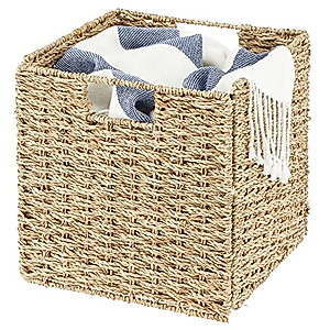 mDesign Seagrass Woven Cube Bin Basket Organizer with Handles - Storage for Bedroom, Home Office, Living Room, Bathroom, Shelf/Cubby Organization, Hold Blankets, Magazines, Books - 6 Pack, Natural/Tan