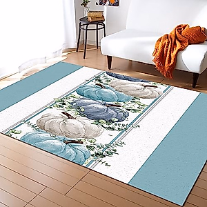 OComster Fall Thanksgiving Rectangle Shape Large Area Rugs - 2 x 3 Feet Blue Grey Pumpkin Eucalyptus Leaves Teal Striped - (Non-Woven + Rubber) Low File Floor Mat