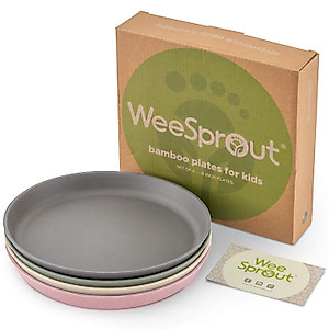 WeeSprout Bamboo Plates, Set of 4, Kid-Sized Bamboo Kids Plates, Dishwasher Safe Bamboo Plates for Kids (Pink, Green, Gray, & Beige)