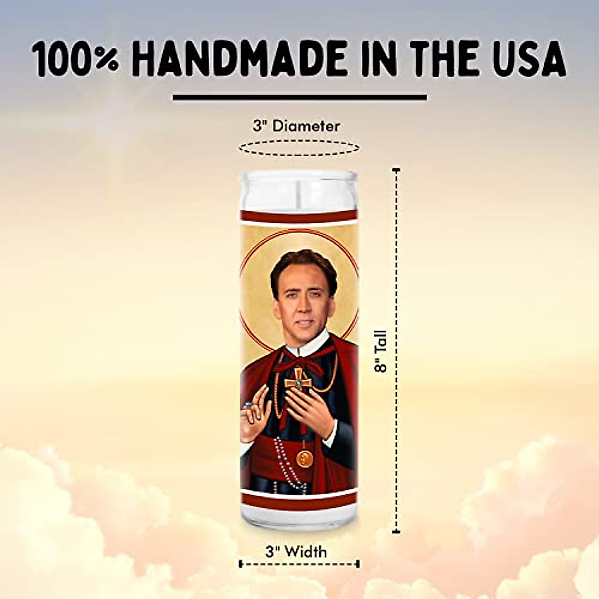 Cage Celebrity Prayer Candle - Funny Saint Candle - 8 inch Glass Prayer Votive - 100% Handmade in USA - Novelty Celebrity Gift