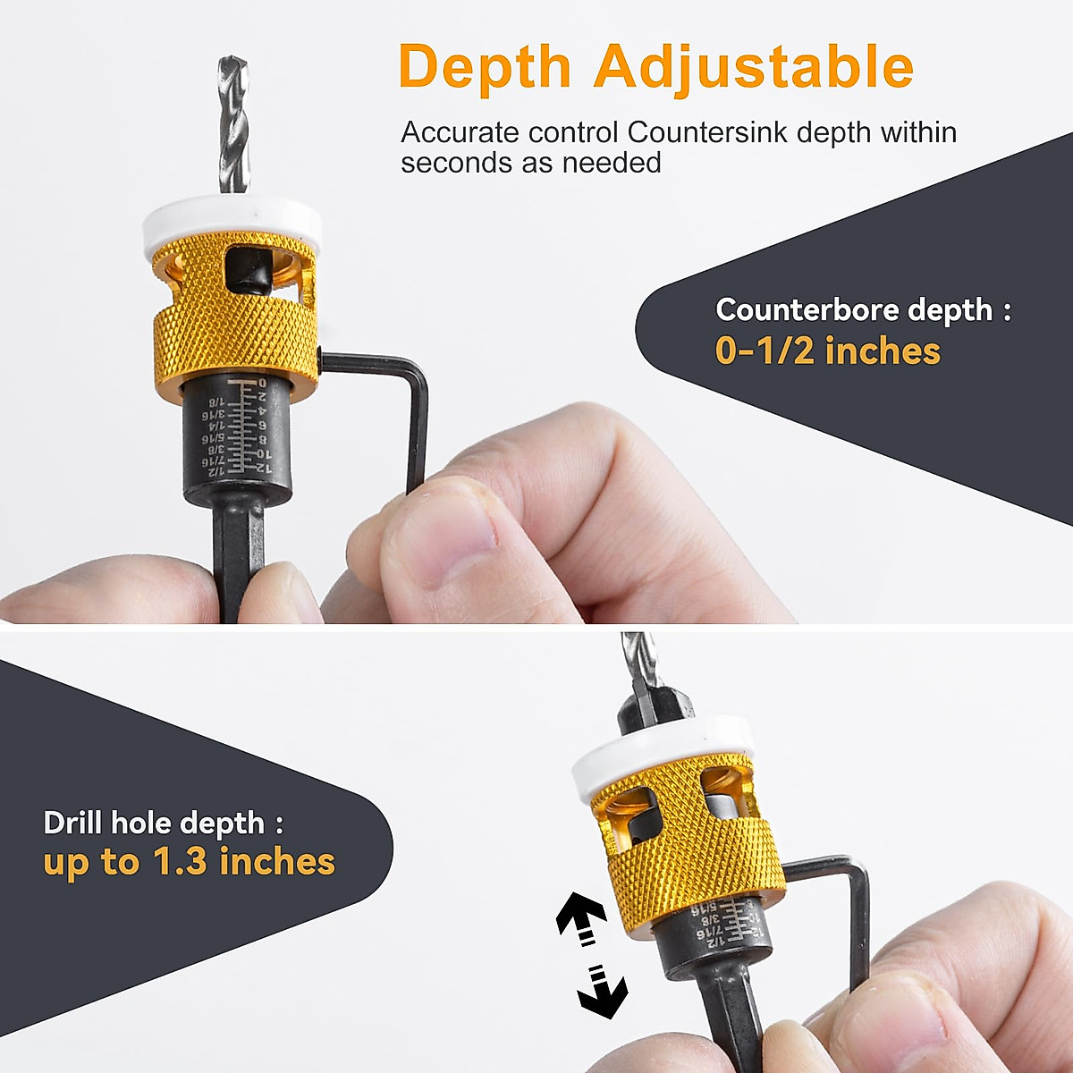 LEOMAUNYX 5 Pcs Countersink Drill Bit Set: Replaceable HSS M2 Tapered Bits - 82° Counter Bore with Adjustable Depth Stop, Carbide Drill Bits 1/4” Hex Shank for Wood, Plastic, Woodworking