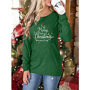 FASHGL Christmas Shirt Women Merry and Bright Pullover Christmas Lights Graphic T Shirts Xmas Long Sleeves Tops Green