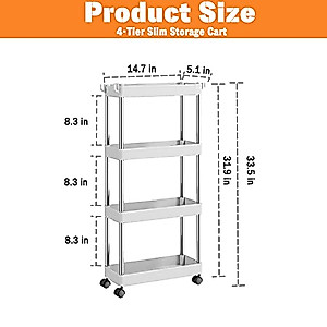 4 Tier Slim Rolling Storage Cart,Laundry Room Organization Rolling Utility Cart Slide Out Storage Shelves Mobile Shelving Unit Organizer for Office Kitchen Bathroom Laundry Narrow Places(White,Slim)