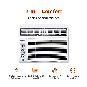 Amazon Basics Window Mounted Air Conditioner with Remote Cools 250 Square Feet, 6000 BTU, White