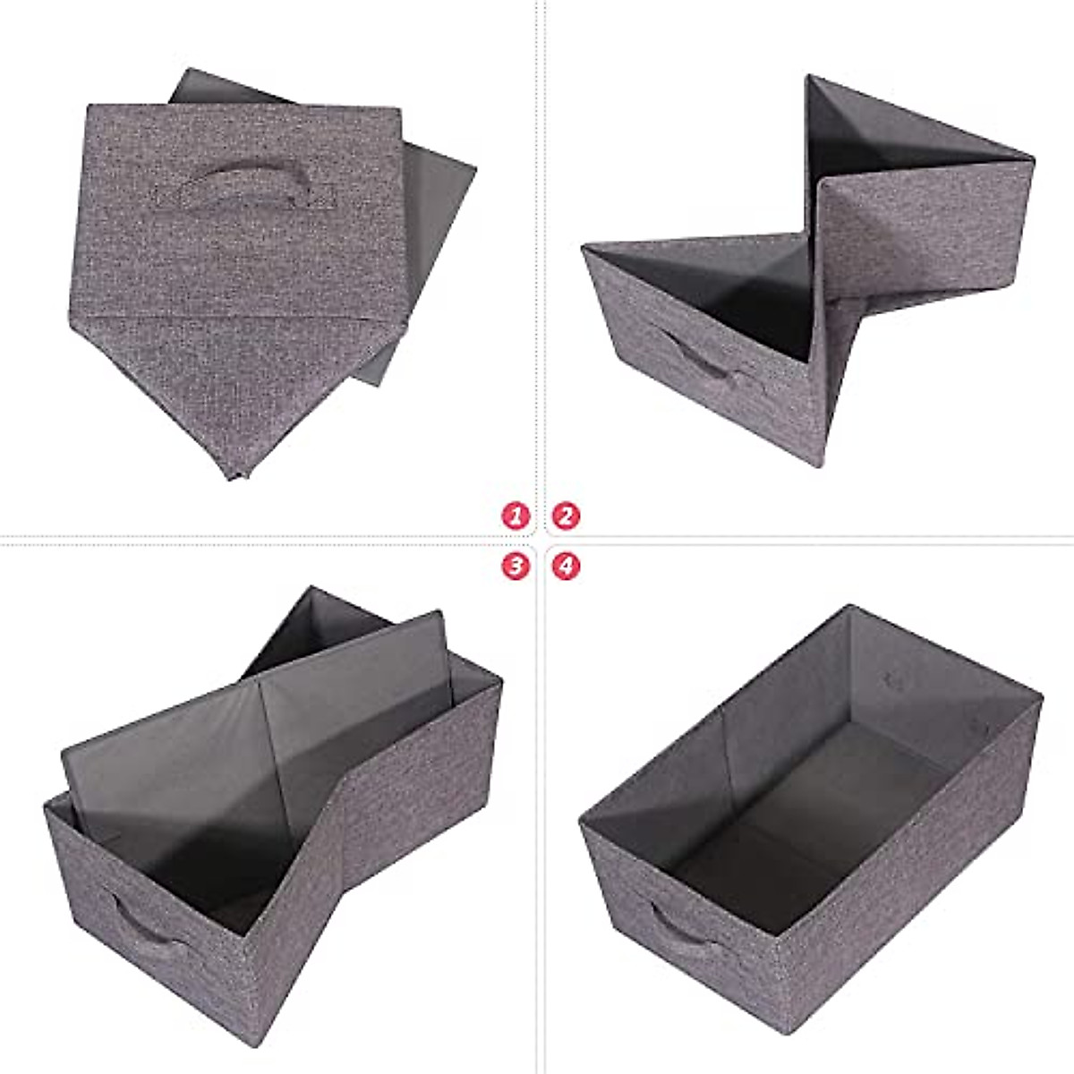 TENABORT Set of 5 Closet Organizer Bins with Handle, Linen Fabric Foldable Storage Baskets Cloth Box Containers for Shelves Home Office Clothes Clothing, Gray, Jumbo