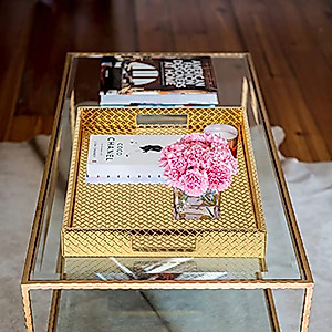 HofferRuffer Rectangle Serving Tray with Hole Handles for Coffee Table, Breakfast, Tea, Food, Butler - Countertop, Kitchen, Vanity Serve Tray, 16.2 x 12.2 x 2 inches, Faux Leather Tray (Gold)