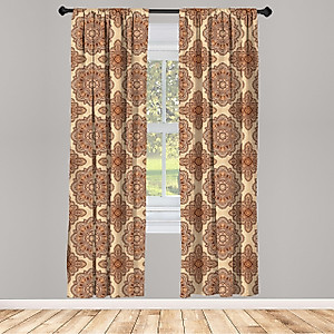 Ambesonne Ethnic Window Curtains, Mandala Style Floral Flower with Abstract Paisley Backdrop Art Print, Lightweight Decor 2-Panel Set with Rod Pocket, Pair of - 28" x 63", Dark Brown